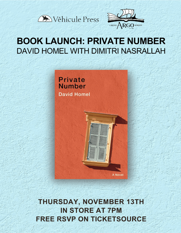 Book Launch: Private Number by David Homel at Argo Bookshop event ...